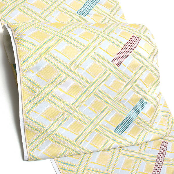 【Prices down2】九寸 名古屋帯「オフホワイト 斜め格子」九寸名古屋帯 未仕立て 洒落帯 小紋、紬、お洒落着に 六通柄 [送料無料]＜T＞ss2512ong40