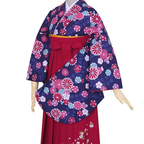 【中古品】袴セット レディース 卒業式 「二尺袖：紺 藤に菊梅+袴：ローズピンク×刺繍」貸衣装処分 レンタル処分品 二尺袖 袴 卒業式、謝恩会に 【メール便不可】ss2512hkm30