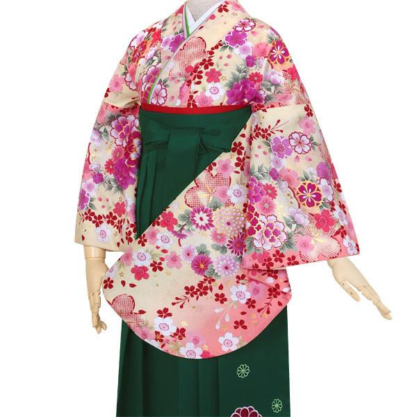 【中古品】袴セット レディース 卒業式 「二尺袖：クリーム 桜に花紋+袴：ライトグリーン×刺繍」貸衣装処分 レンタル処分品 二尺袖 袴 卒業式、謝恩会に 【メール便不可】ss2512hkm30