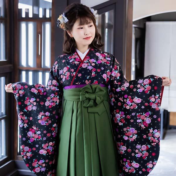 中古品】二尺袖 単品 卒業式小学生 「黒 小花＆鞠」貸衣装処分