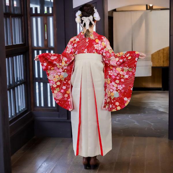 中古品】二尺袖 単品 卒業式小学生 「赤 桜 友禅調糸目の風」貸衣装