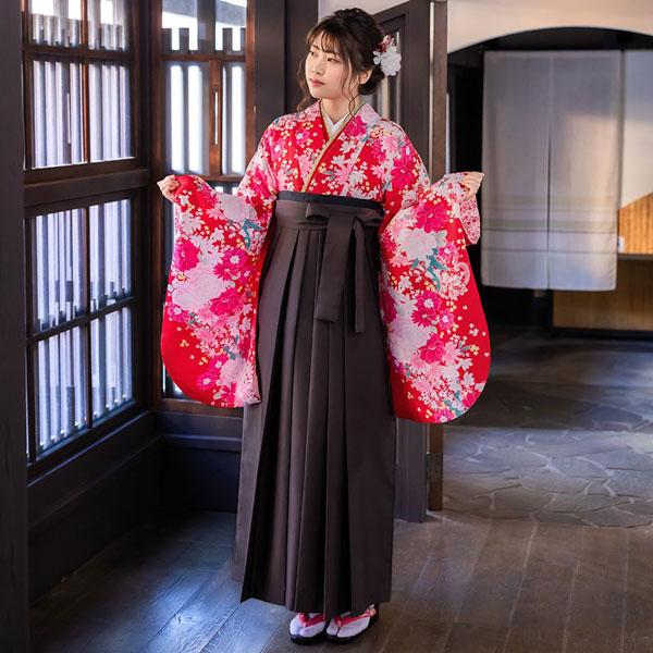 【中古品】二尺袖 単品「赤 牡丹と花にレース模様」貸衣装処分 レンタル処分品 卒業式【メール便不可】ss2512kck10