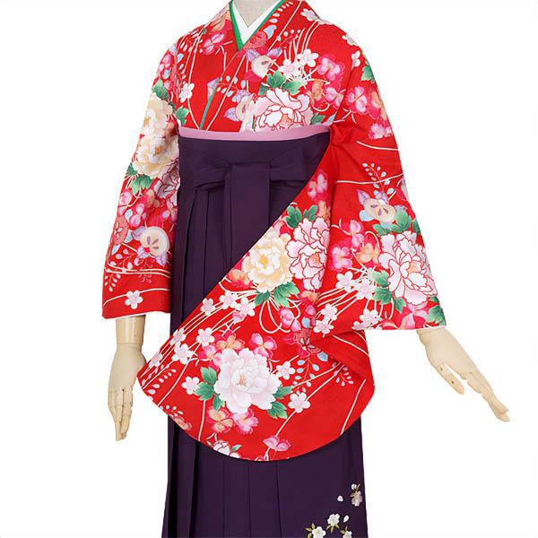 【中古品】二尺袖 単品「赤 牡丹と橘」貸衣装処分 レンタル処分品 卒業式【メール便不可】ss2512kck10