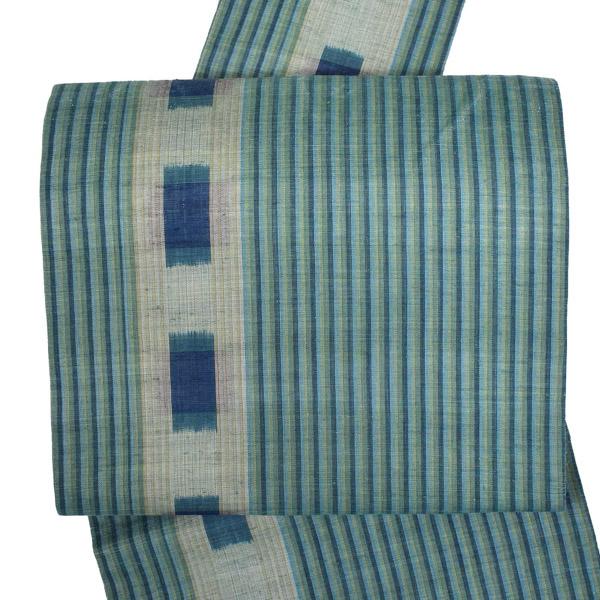 【中古品】仕立て上がり 九寸名古屋帯 「青緑 縞に十字絣」 上布 【メール便不可】ss2512ong20