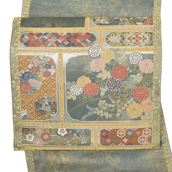 【新古品】仕立て上がり 袋帯 「グリーン地 引き箔」 正絹 【メール便不可】ss2512ofk10