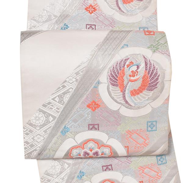 【Prices down2】【中古品】仕立て上がり 袋帯「白鼠 銀 紗綾形に鳳凰」唐織 【メール便不可】＜T＞ss2512ofk20