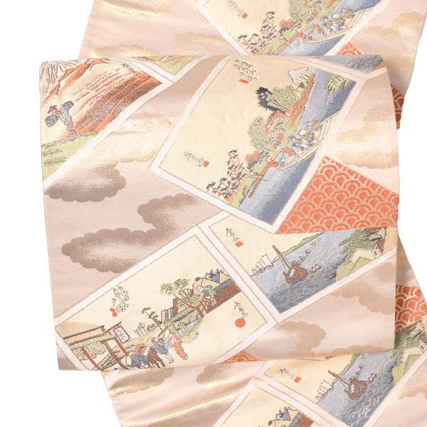 【Prices down2】【中古品】仕立て上がり 袋帯「クリーム 雲取りに道中物語文様」【メール便不可】＜T＞ss2512ofk20