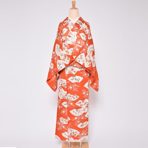 【Prices down2】【中古品】仕立て上がり 袷着物「朱色 扇に草花」小紋 正絹 【メール便不可】＜T＞ss2512kck20