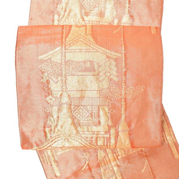 【Prices down2】【中古品】仕立て上がり 袋帯「金 箔織 朱色 祇園祭の鉾」【メール便不可】＜T＞ss2512ofk45