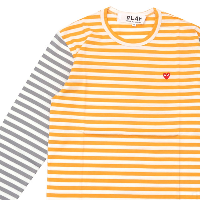 【価格見直しました】 新品 プレイ コムデギャルソン PLAY COMME des GARCONS MENS Small Red Heart Striped L/S T-Shirt 長袖Tシャツ YELLOWxGRAY TOPS