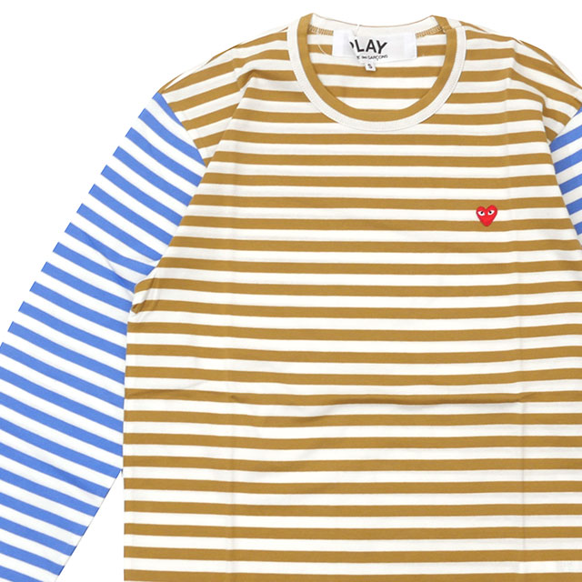 【価格見直しました】 新品 プレイ コムデギャルソン PLAY COMME des GARCONS MENS Small Red Heart Striped L/S T-Shirt 長袖Tシャツ OLIVExBLUE TOPS