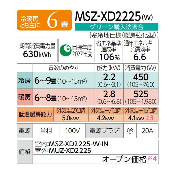 エアコン 6畳用 三菱電機 2.2kW 単相100V ズバ暖 霧ヶ峰 XDシリーズ 2025年モデル MSZ-XD2225-W ピュアホワイト 寒冷地用 ルームエアコン