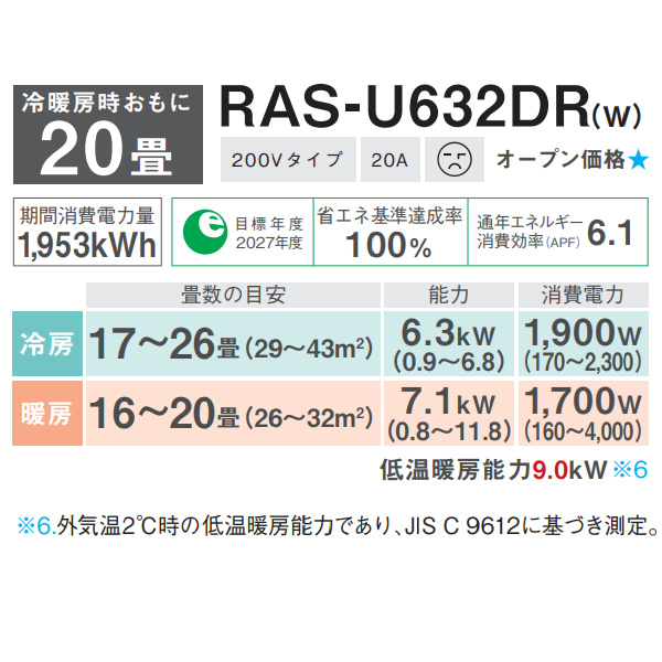 東芝 TOSHIBA エアコン 大清快 U-DRシリーズ おもに20畳用 ホワイト RAS-U632DR-W 単相200V 6.3kW ルームエアコン