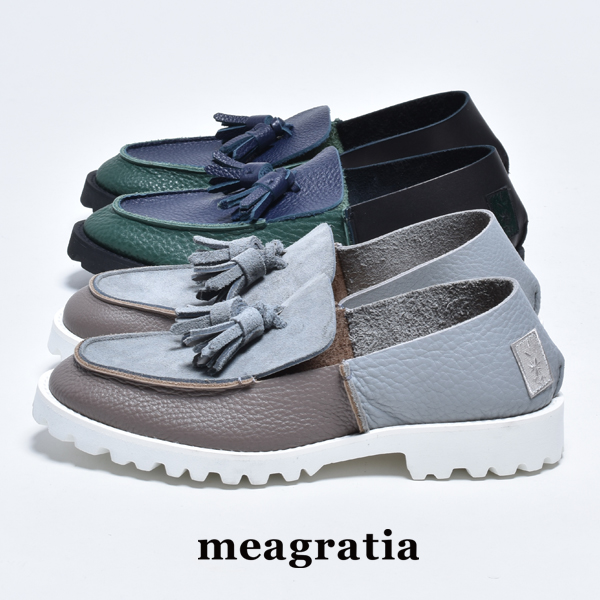 meagratia タッセルローファー ローファー メンズ レディース ヒール スリッポン レザー ユニセックス ブランド メアグラーティア ユードット u-dot コラボ 本革 本皮 短靴 短ぐつ グレー ネイビー 紺 日本製 送料無料