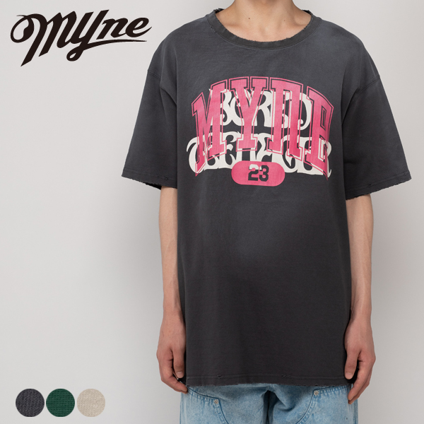 Myne マイン G10TS030 tシャツ MYne Printed Tee 半袖 ゆったり メンズ レディース ブランド カジュアル ロゴ プリント ダメージ加工 ブラック 黒 グリーン 緑 ホワイト 白 2023 冬 春 春夏 送料無料
