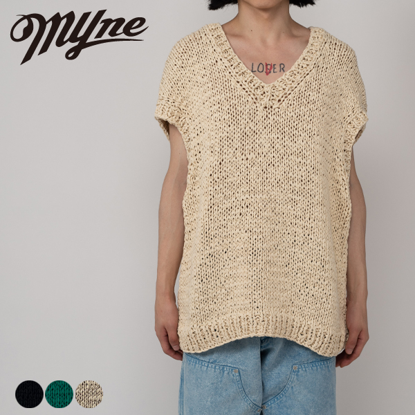 Shoelace Knitted Vest Myne マイン G10VT002 シューレスニットベスト ニットベスト メンズ レディース vネック ブランド ノースリーブ 無地 手編み コットン 100% ブラック 黒 グリーン 緑 ホワイト 白送料無料