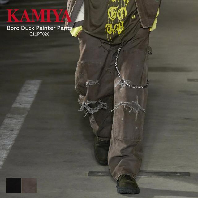 Boro Painter Pants ボロペインターパンツ KAMIYA カミヤ G11PT026 ペインターパンツ メンズ レディース ダブルニー パンツ おしゃれ 可愛い かわいい ブランド ボロ加工 ダメージ加工 汚し加工 ペンキ加工 テーパード ワイド ブラック 黒 グレー 2025 春 春夏 夏
