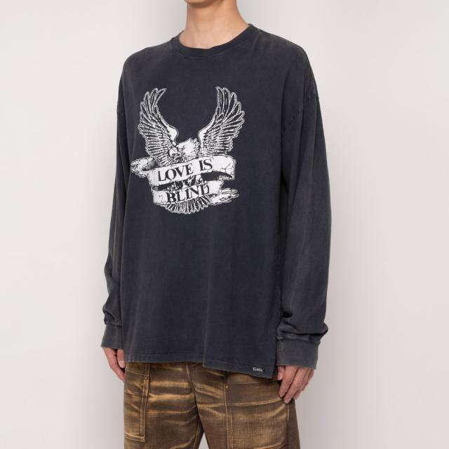 KAMIYA カミヤ "EAGLE" Breached Long Sleeve T-shirt G13LT075 ロンT ロングTシャツ tシャツ 長袖 綿100％ ゆったり 可愛い メンズ レディース ブランド ブリーチ ウォッシュ加工 ヴィンテージ ブラック 黒 送料無料