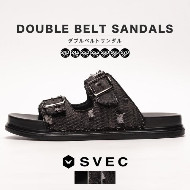 SVEC サンダル メンズ ダブルベルトサンダル シューズ 靴 ブラック 黒 ダメージデニム ブラックデニム ギャラクシー 厚底 ダブルベルト 大きいサイズ 疲れない 軽量 つっかけ 履き ...