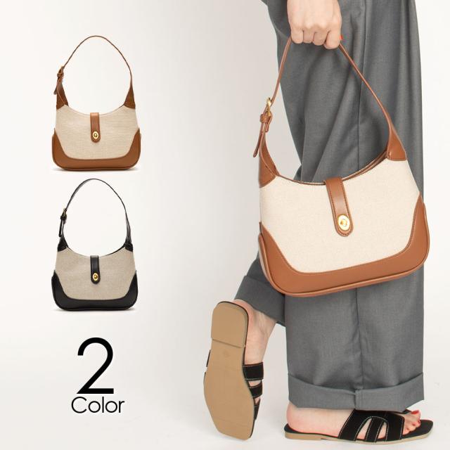 バイカラー キャンバス ショルダーバッグ レディース ブラック 黒 ブラウン コンパクト スッキリ 上品 シンプル 鞄 バッグ ラウンド 人気 大人 可愛い かっこいい モード きれいめ 無地 ...