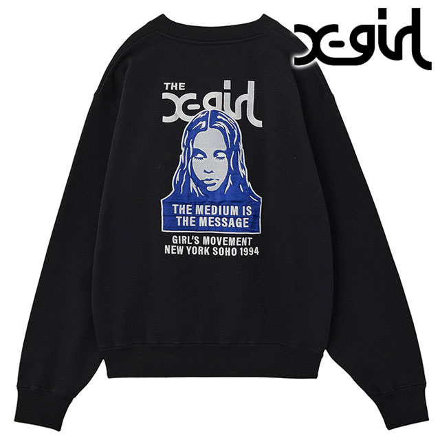 エックスガール X-girl クルーネック スウェットトップ [105254012013 FW25] FACE PATCH AND LOGO CREWNECK SWEAT TOP レディース xgirl トップス プルオーバー トレーナー ブラック 正規取扱店
