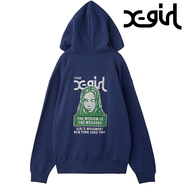 エックスガール X-girl ジップアップスウェットフーディー [105254012014 FW25] FACE PATCH AND LOGO ZIP UP SWEAT HOODIE レディース xgirl トップス スウェットパーカー ネイビー 正規取扱店