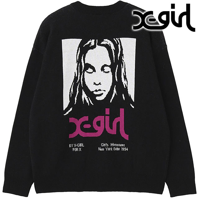 エックスガール X-girl ジャガードニットトップ [105254015015 FW25] FACE JACQUARD KNIT TOP レディース xgirl トップ クルーネック セーター 秋冬 ブラック 正規取扱店