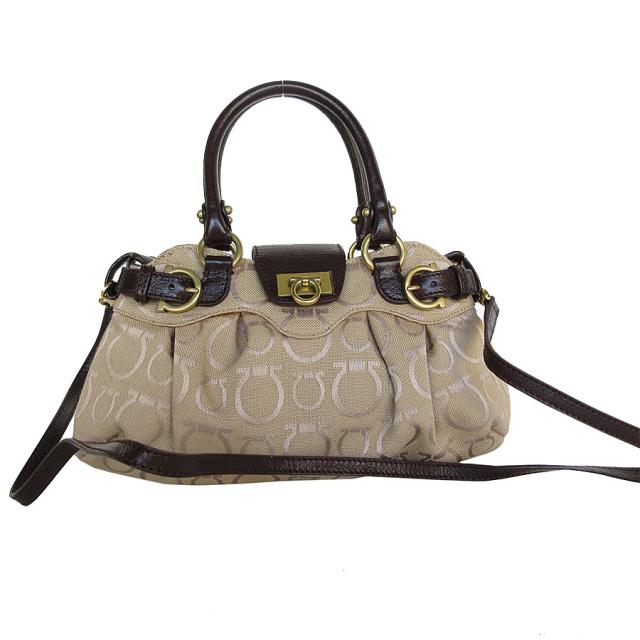 Salvatore Ferragamo サルヴァトーレフェラガモ ガンチーニ ハンドバッグ ショルダーバッグ ベージュ/ブラウン 14059 レディース【中古】 s0532