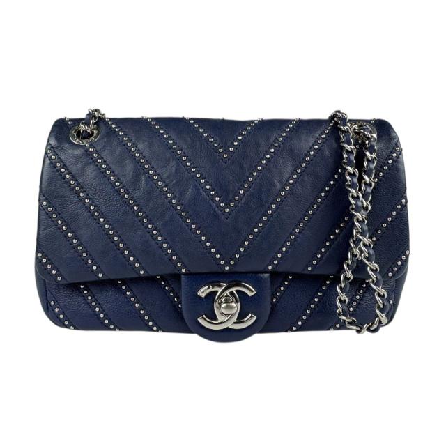 CHANEL シャネル Vステッチ ショルダーバッグ ネイビー 14066 レディース【中古】 z5249