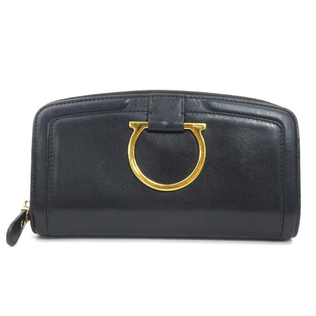 Salvatore Ferragamo サルヴァトーレフェラガモ ガンチーニ ラウンドファスナー長財布 ブラック 14054 レディース【中古】 e60721a