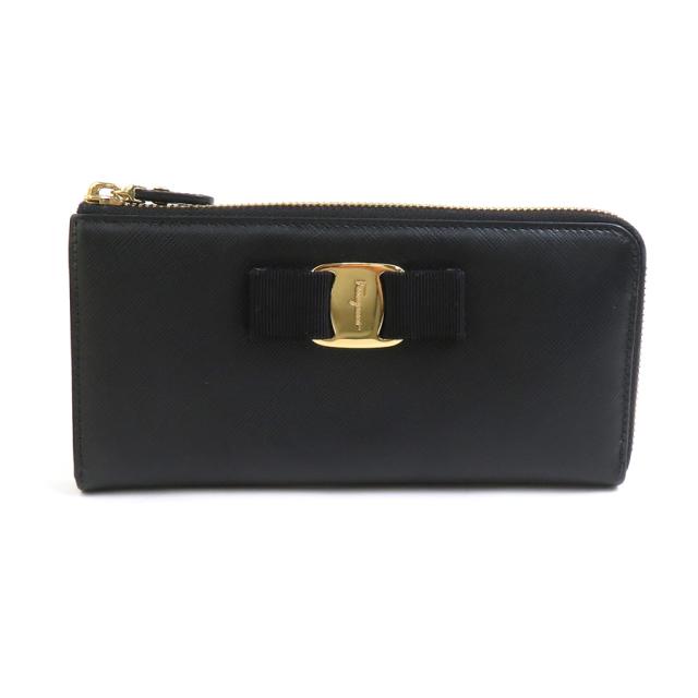 Salvatore Ferragamo サルヴァトーレフェラガモ ヴァラリボン ラウンドファスナー長財布 ブラック 14054 レディース【中古】 h31413a