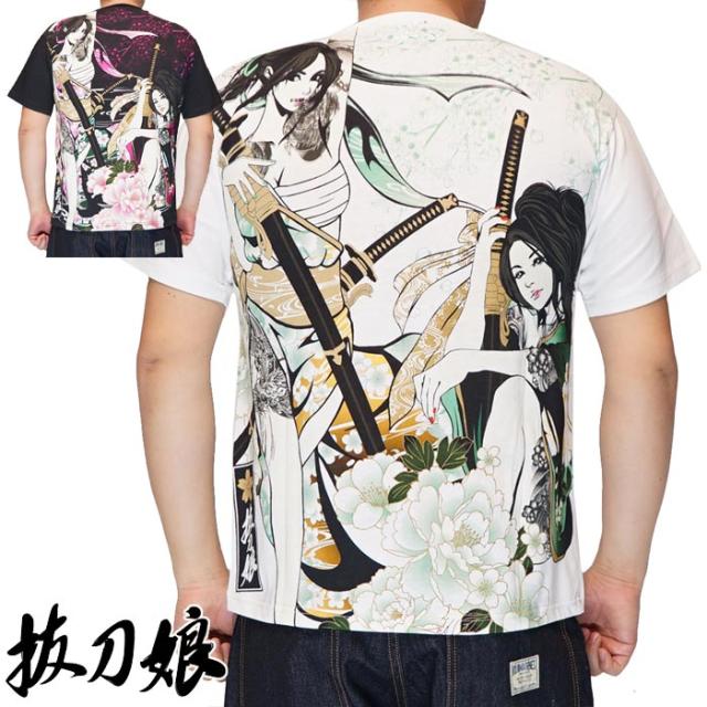 抜刀娘 バットウムスメ 絡繰魂 和柄 Tシャツ 半袖 メンズ 妃那 穂乃花 二人娘の誘い242876 送料無料