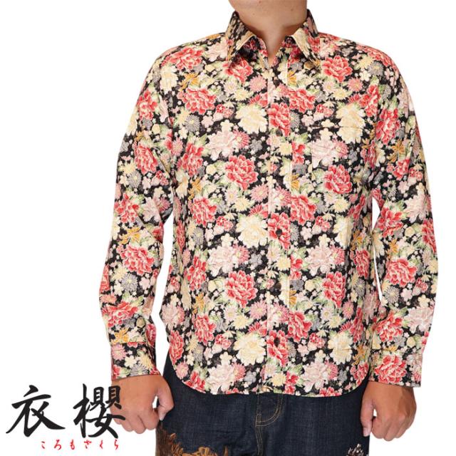 衣櫻 ころもざくら 和柄 長袖シャツ 日本製 メンズ 縮緬ジャガード織り 縮緬ジャガード織り素材 牡丹尽し レギュラー シャツ MADE IN JAPAN SA-1717 送料無料