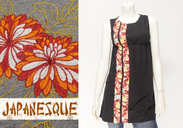 ジャパネスク レディース 菊刺繍 ちりめん縦ライン 和柄モックドレス/4RSD-601/送料無料