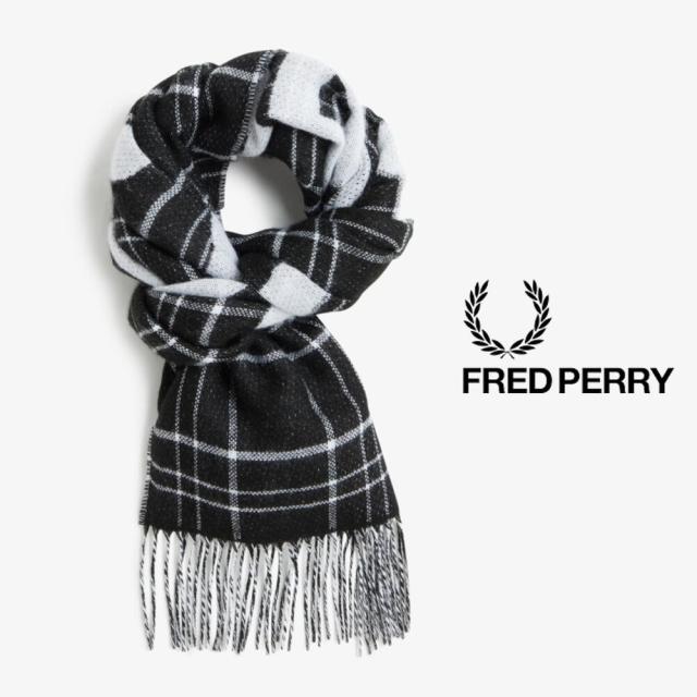 フレッドペリー FRED PERRY マフラー オーバーサイズ ブランド ジャガード スカーフ Oversized Branded Jacqrd Scarf C4143 L74 (BLACK /  WHITE)