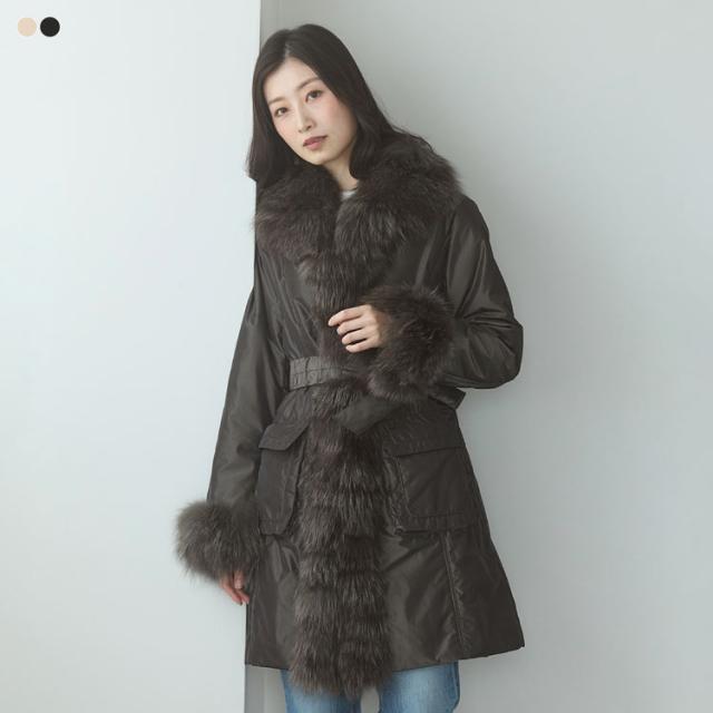 ファー付きコート コート フォックス トリミング ベルト付き レディース 中綿入り シルバーフォックス 冬 アウター レディースコート 中綿コート フォックスファー リアルファー 秋 冬 ギフト プレゼント 6F (02000073r)