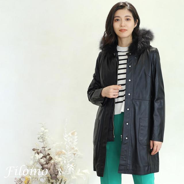 ノーカラー ラムレザーコート ラクーントリミング ダウンベスト付き 3WAY フード付き レディース 秋 冬 6F (04000050r)