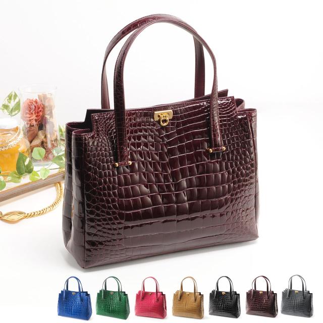 クロコダイル ハンドバッグ 日本製 シャイニング 加工 センター取り ゴールド金具 軽量 JRA 全9色 ワニ革 安心 保証書 付き(06001037r)