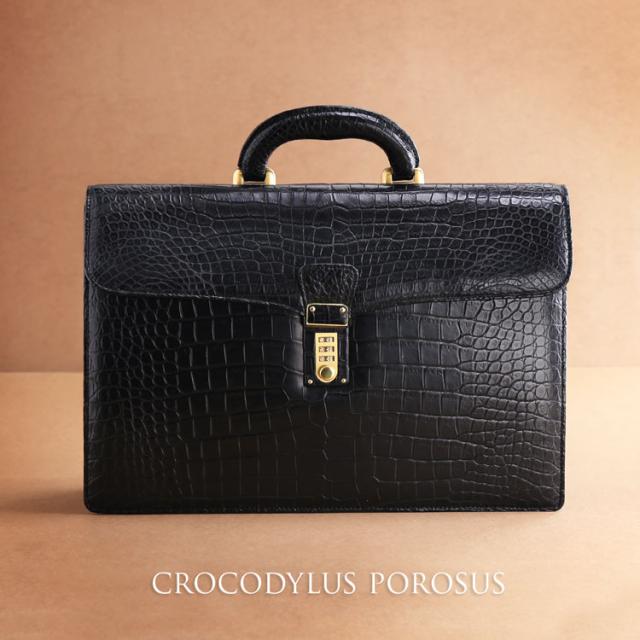 スモール クロコダイル メンズ ブリーフケース ダイヤルロック式 日本製 マット 加工 センター取り ブラック ポロサス A4 サイズ 対応 36cm(06001530r)