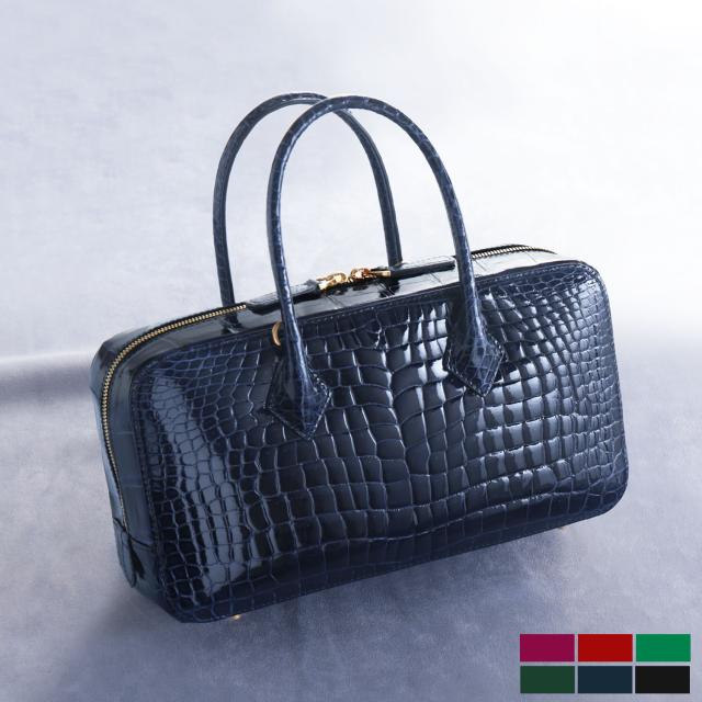 スモール クロコダイル ハンドバッグ レディース ラウンドファスナー シャイニング 両面 センター取り 2WAY バッグ ショルダーベルト 保証書 付き(06001634r)