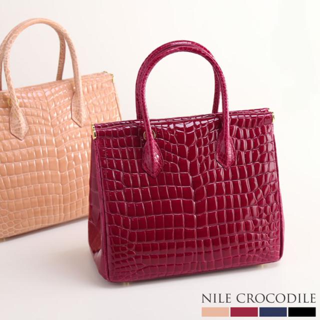 クロコダイル ハンドバッグ 2WAY ショルダーベルト付き レディース  シャイニング 加工 センター取り 本革 鰐革 ショルダーバッグ 女性 エレガント 4FA 保証書付き(06001749r)