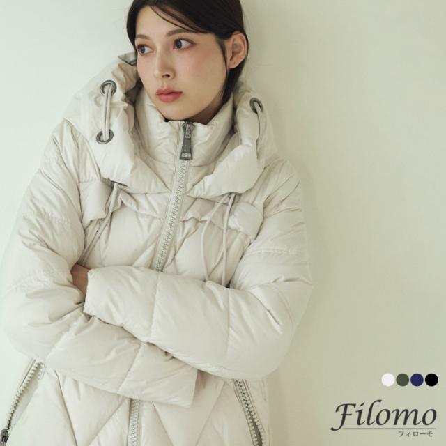 ダウンコート レディース 洗える ミドル丈 フード付き ダウン90% 手洗い ブランド Filomo 冬 ダウンジャケット アウター 洗える 軽量 ミドル 白 アイボリー ネイビー カーキ ブラック 黒 ギフト プレゼント 6F (08000265r)