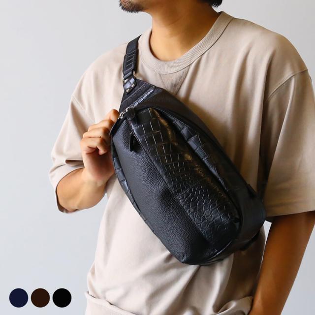 牛革 クロコダイル ボディバッグ マット加工 型押し ユニセックス ショルダーバッグ 肩掛け メンズ ワニ革 本革 小さめ お出掛け 父 男性 父の日 ギフト プレゼント (06001832-mens-1r)