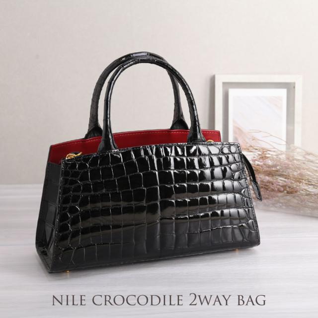 クロコダイル 2WAY ハンドバッグ レディース シャイニング センター取り バイカラー ゴールド金具 ナイルクロコダイル 鰐革 保証書付き(06001910r)
