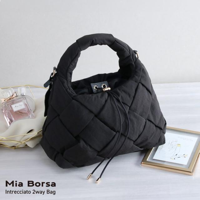 Mia Borsa ナイロン メッシュ バッグ イントレチャート 2WAY 軽量 軽い 編み込み ブラック (07000643r)