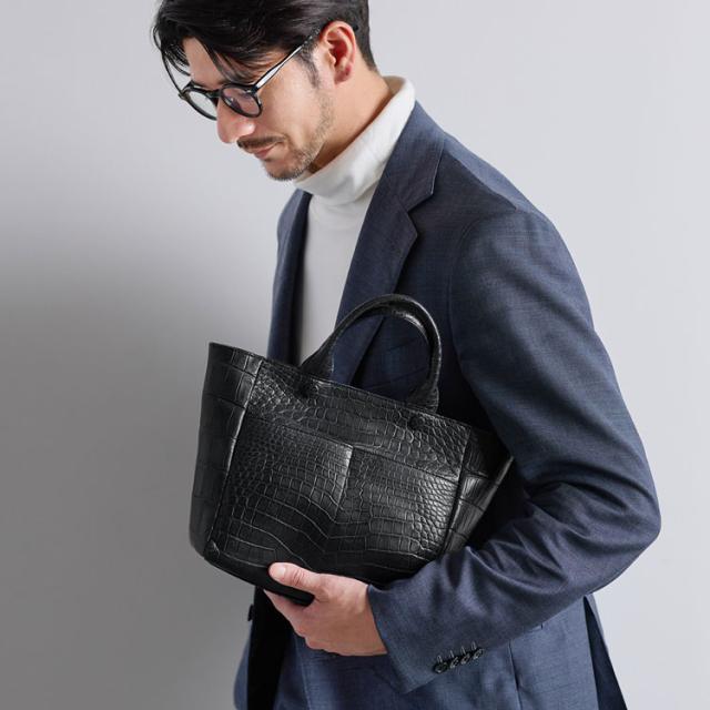 クロコダイル トートバッグ メンズ マット ショルダー 2way 斜めがけ 上品 軽量 ミニ ミニトート 小さめ b5 鞄 クロコ 本革 ワニ革 革 レザー レザーバッグ メンズバッグ 安心 保証書 付き 誕生日 プレゼント ギフト (06001917-mens-1r)