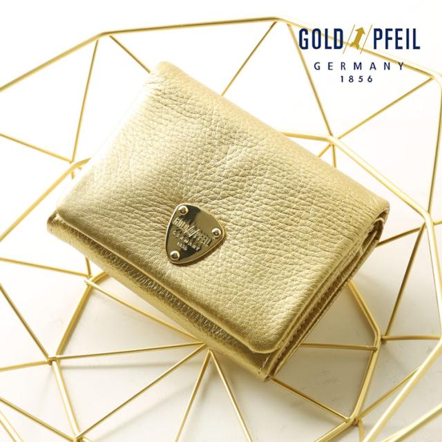 ゴールドカラー 牛革 二つ折り財布 レディース 本革 GOLD PFEIL コンパクト財布 (09000689r)