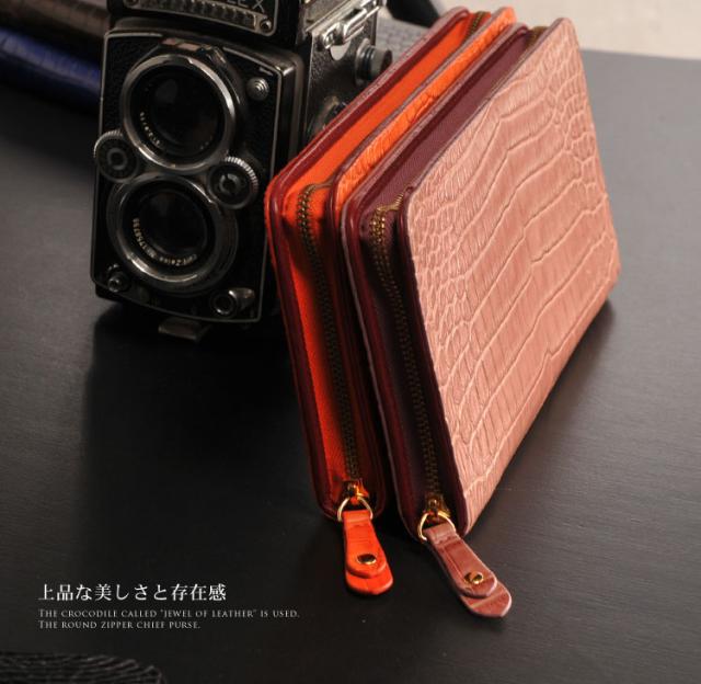 クロコダイル財布ラウンドファスナーマットセンター取り一枚革薄型長
