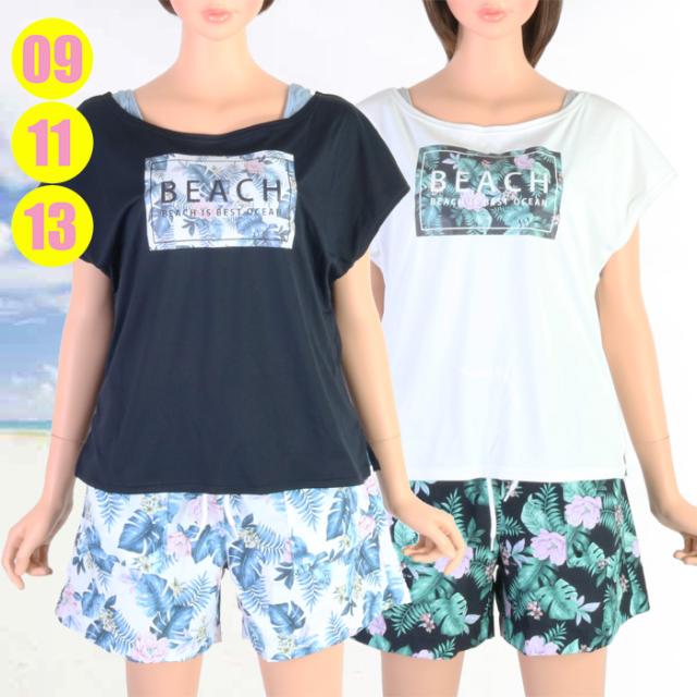 (パケット便送料無料)N's SELECTION カバーアップTee＋リブトップ＋フラワー柄ボトム 4点セット レディース水着 49131