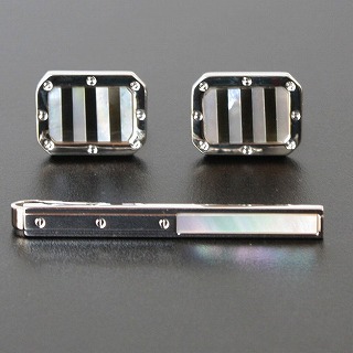 MOPネクタイピン　オニキスＭＯＰストライプカフスセット